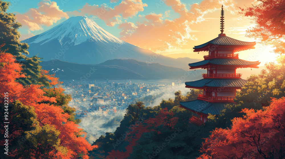 Cartoon illustration background with a Japanese landscape representing ...
