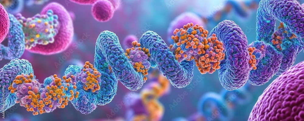 Chromosomes interacting with organelles during replication, vibrant ...