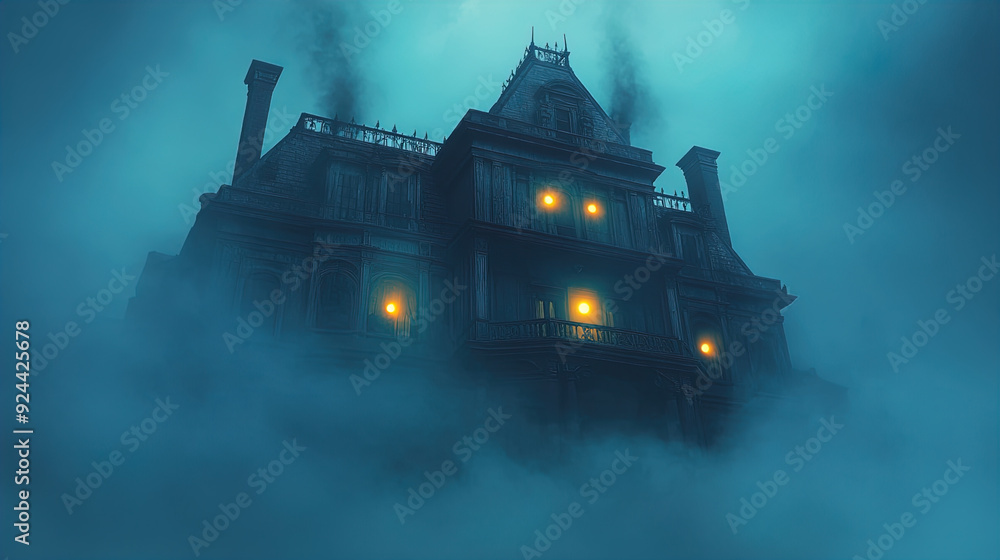 A dark, eerie mansion emerges from a dense fog, with a mysterious and ...