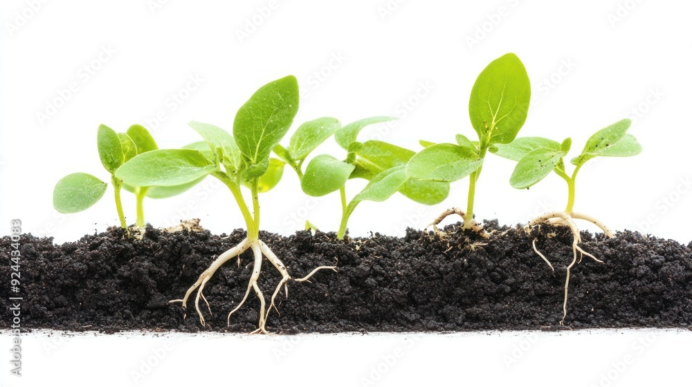 Four stages of plant growth from seedling to young plant, showing ...