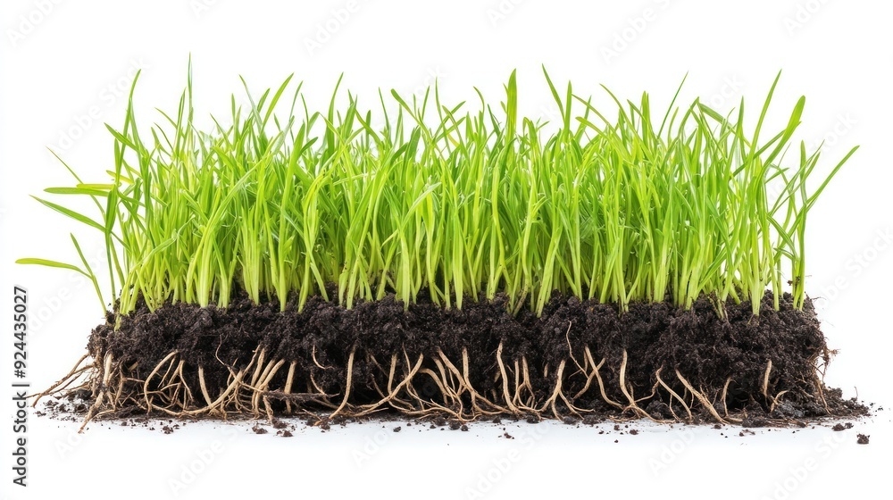 A cross-section of soil showing grass and its root system isolated on a ...