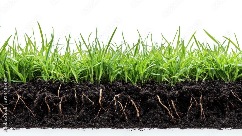 Cross-section of soil showing grass and its root system against a white ...