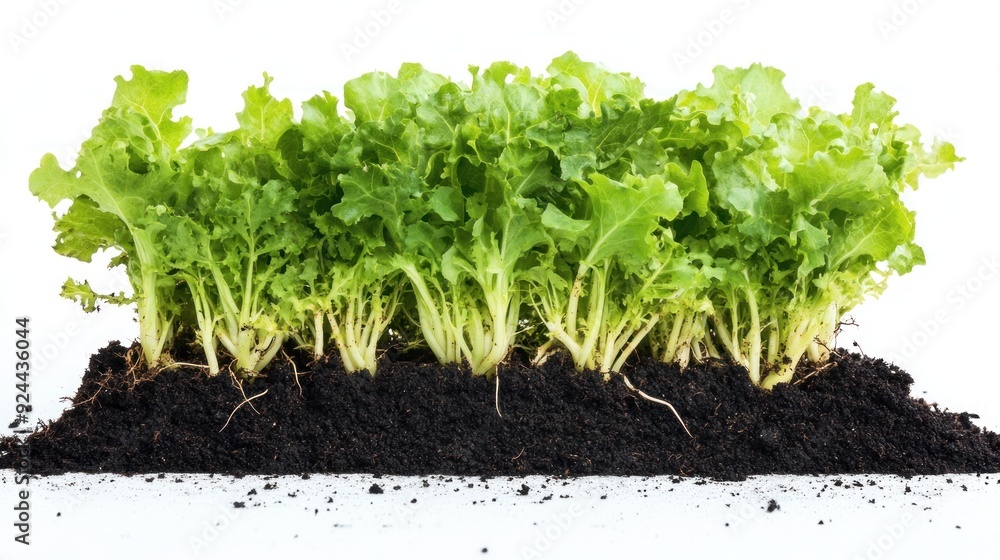 A cross-section view of a row of lettuce plants growing in rich, dark ...