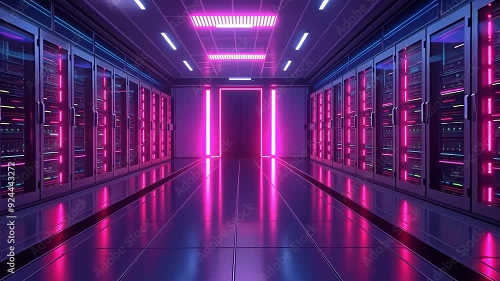 A contemporary server room, a data centre corridor with supercomputer ...