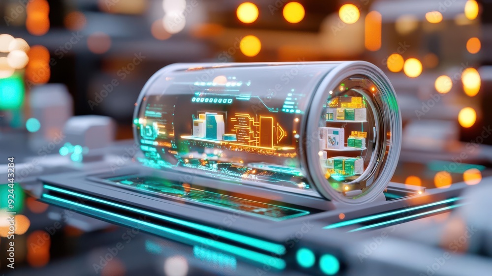 Futuristic display with glowing interfaces and data visualization in a ...