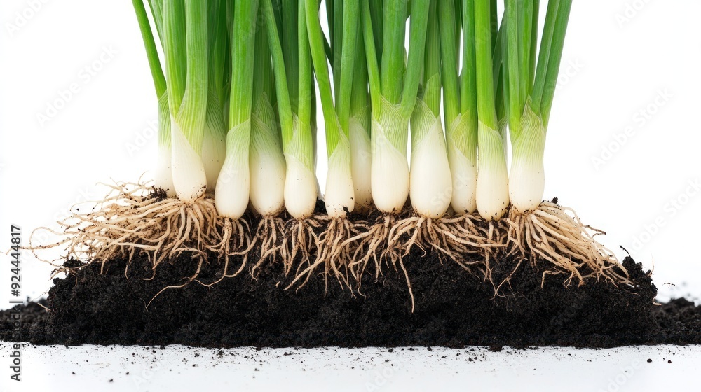 Green spring onions with white bulbs and roots intact, growing in a ...