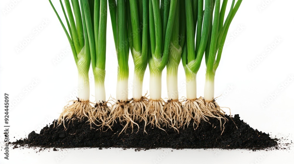 A cross-section view of green onion plants with visible roots and a ...