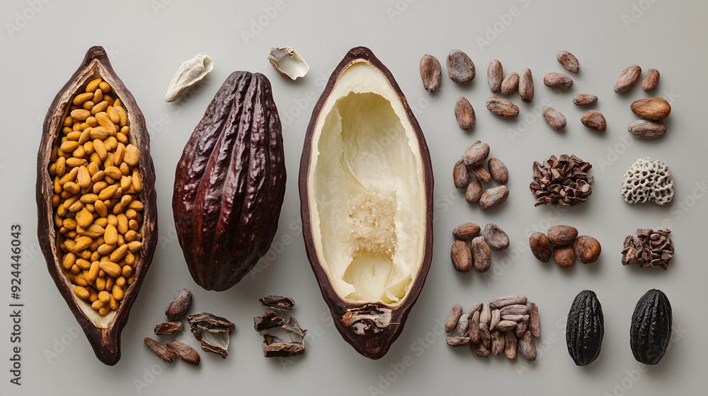 Exploded view of a cacao pod, with each layer and component (shell ...