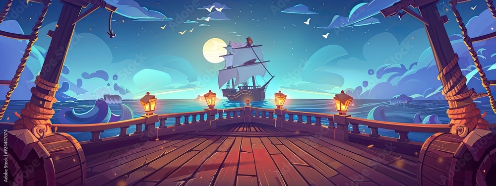 Cartoon illustration of deck of a pirate ship. Onboard view. Stock ...