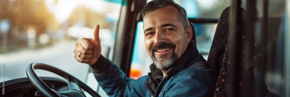A bus driver smiling and giving a thumbs-up gesture while seated inside ...