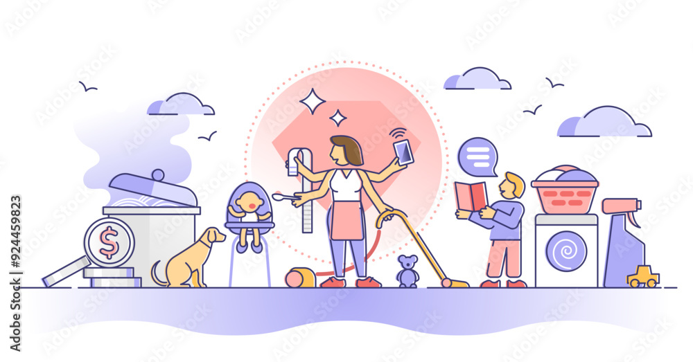 Busy mom daily routine with home multitasking duties and work outline ...