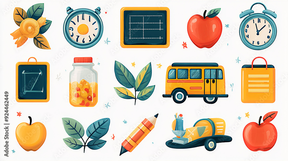 Back to School themed icons like a school bus, apple, and blackboard in ...
