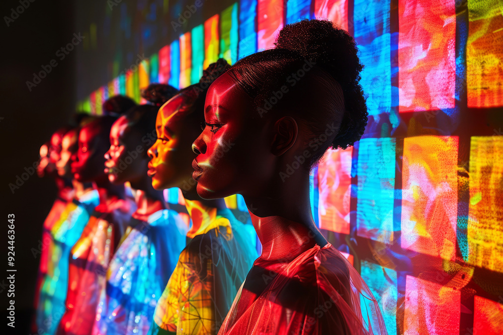 Profiles of women adorned with colors from stained-glass windows ...