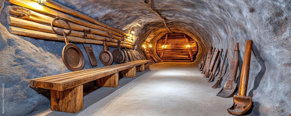Interior of an abandoned mine turned into a shelter, mining tools ...