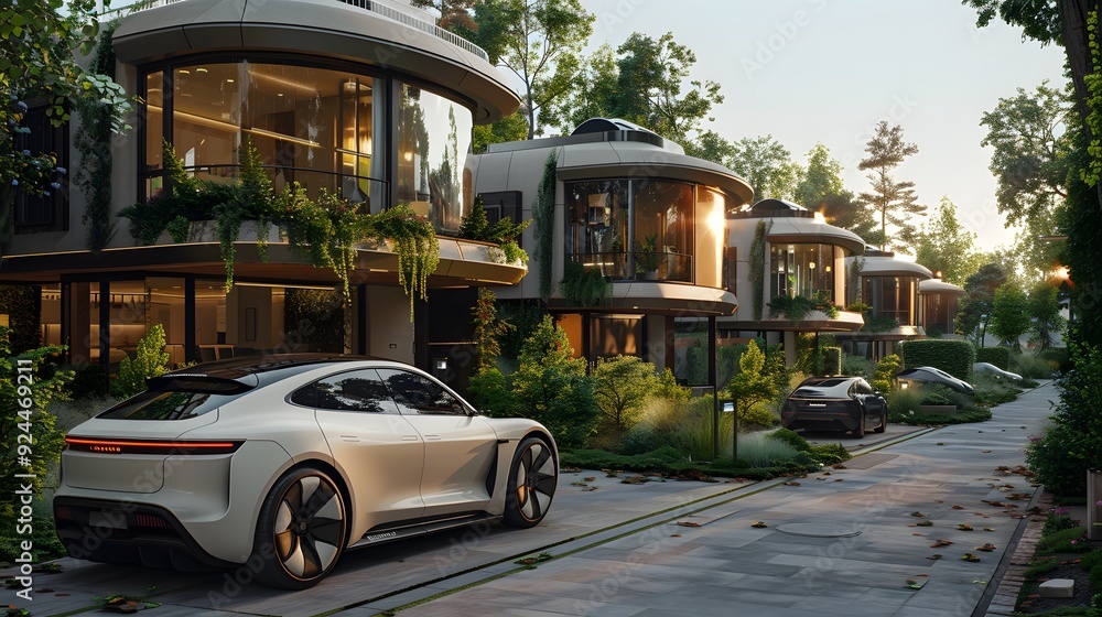 EV in a Futuristic Suburban Neighborhood: An electric vehicle parked in ...
