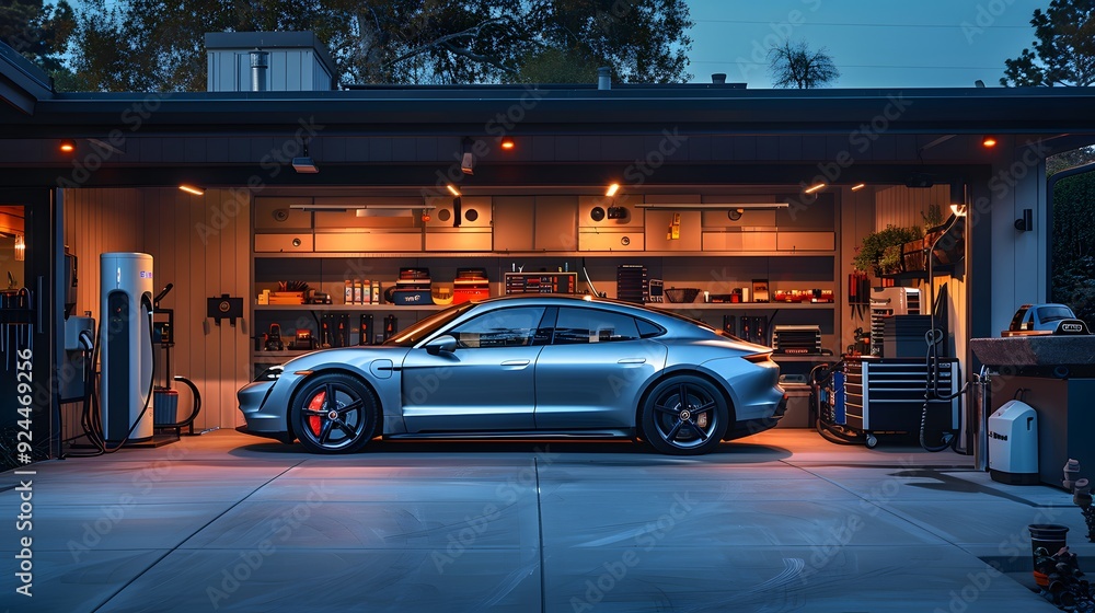 EV in a High-Tech Garage: An electric vehicle parked in a high-tech ...