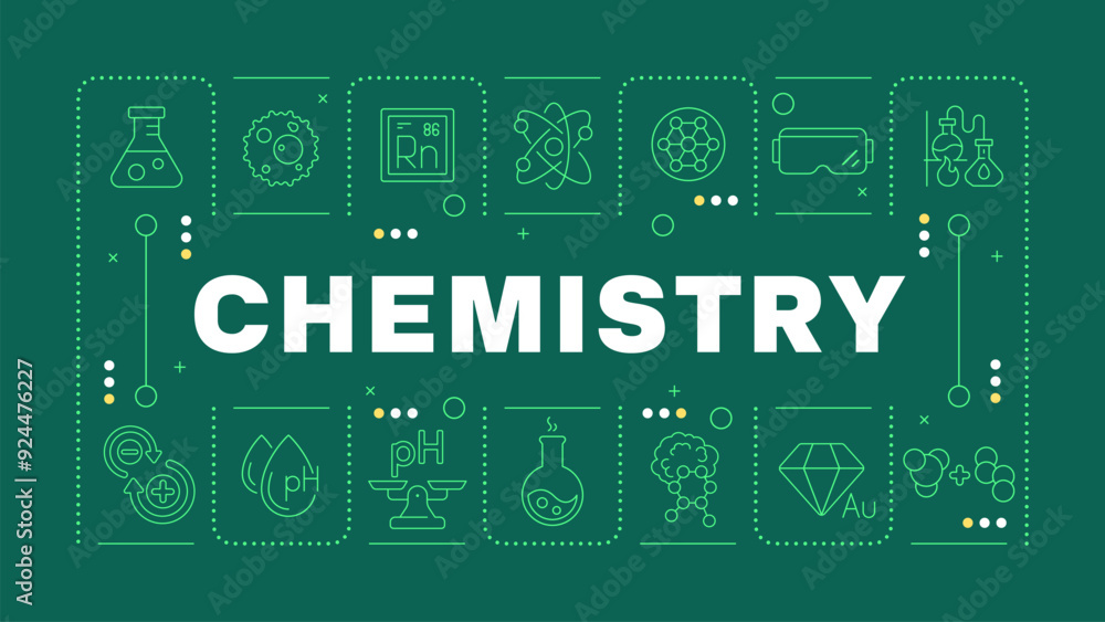 Chemistry dark green word concept. School subject. Laboratory equipment ...