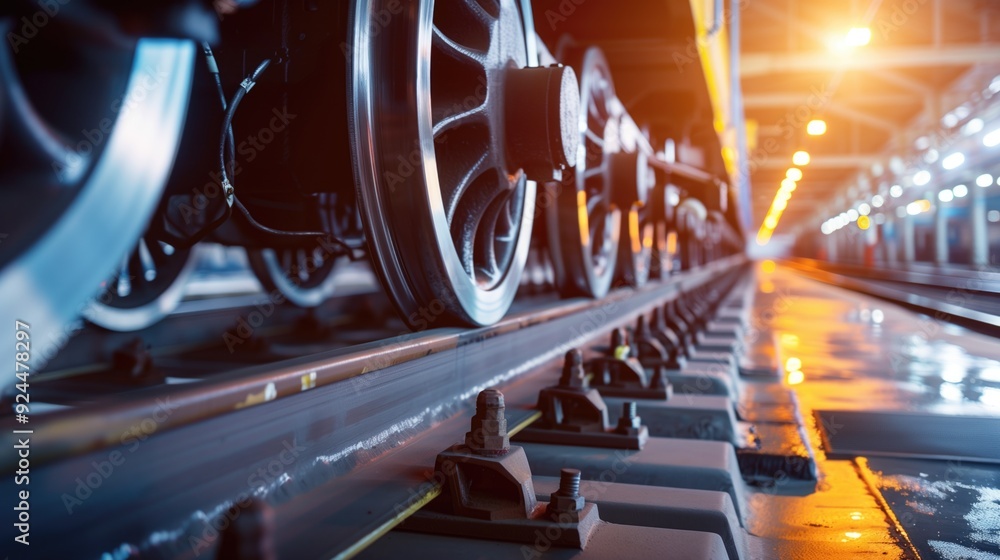 Close-up of train wheels on track in a dimly lit station with golden ...