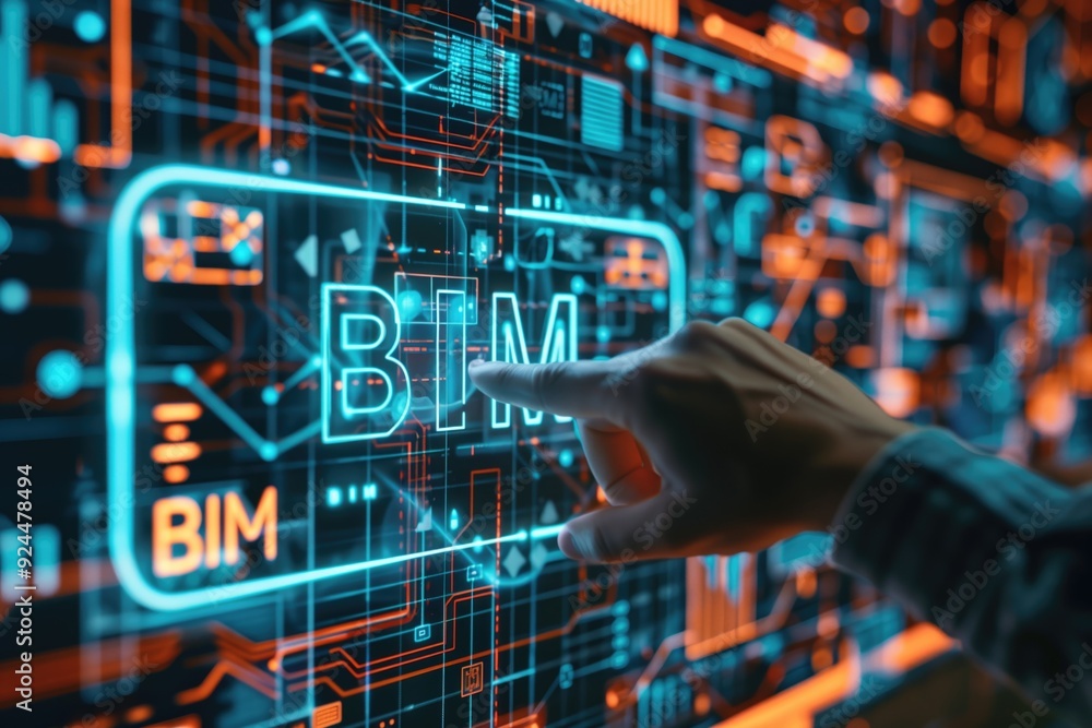Hand pointing towards glowing BIM text on futuristic digital interface ...