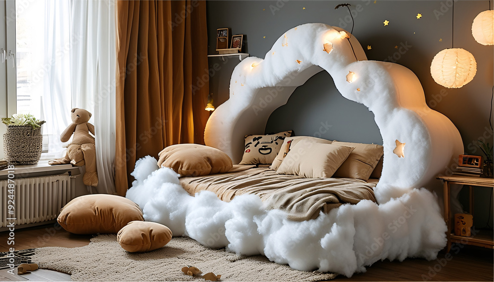 Options Cozy Boy's Cloud Shaped Bed with Flu Sick Boy Resting in Cloud ...
