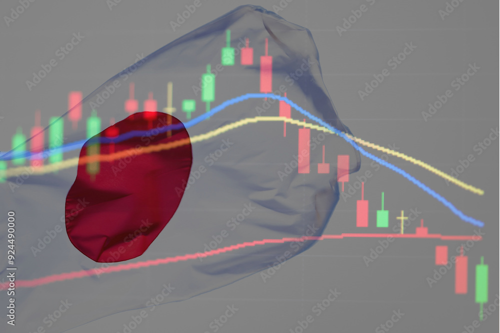 Stock exchange trading chart with an Japanese flag background, a ...