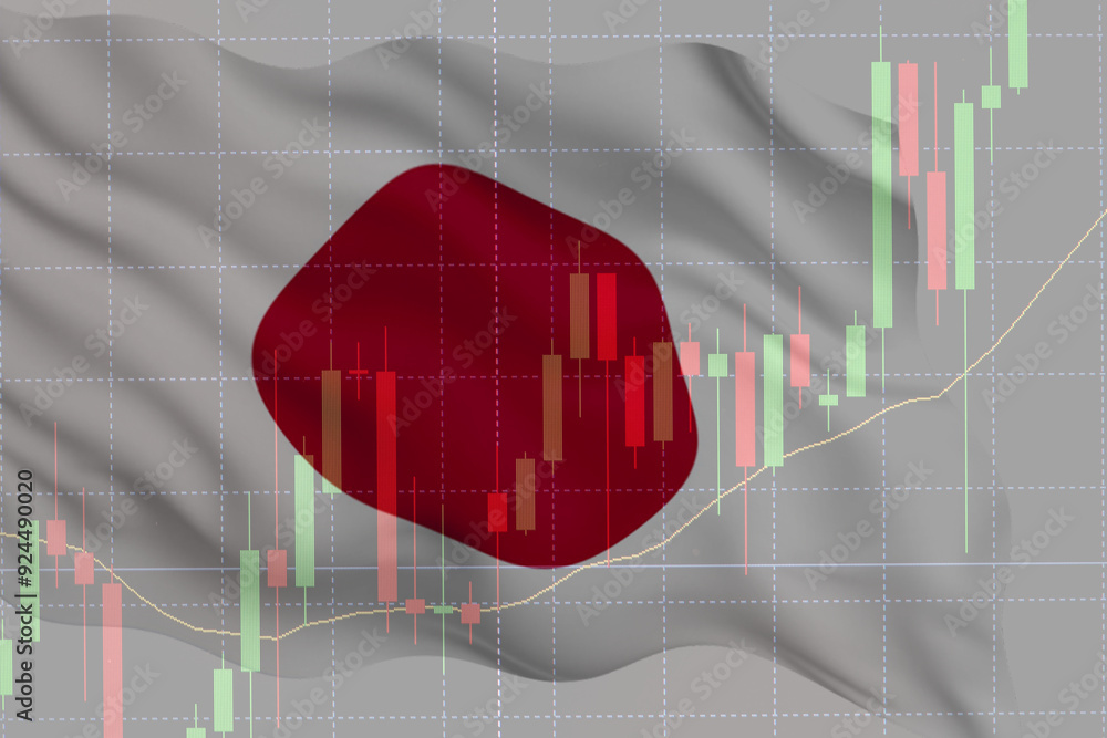 Japanese flag overlaid with stock exchange trading chart, a ...