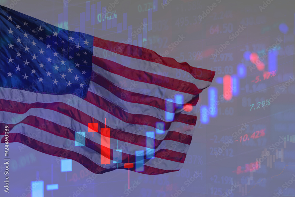 American flag overlaid with stock exchange trading chart, a ...