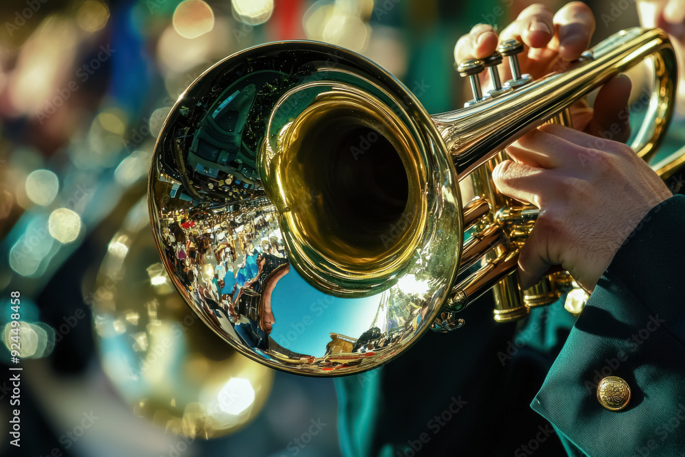 Reflective Brass Instrument at Oktoberfest Parade. A close-up of a ...
