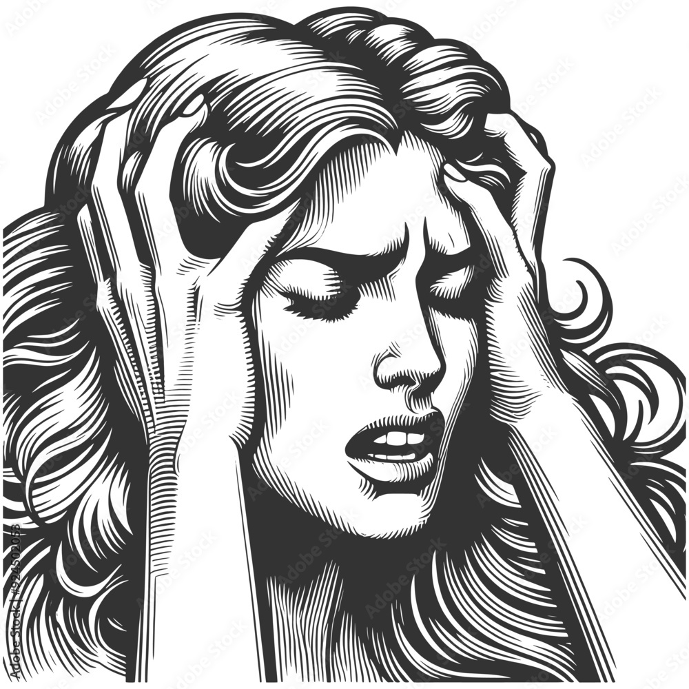 woman in emotional distress, holding her head with a pained expression ...