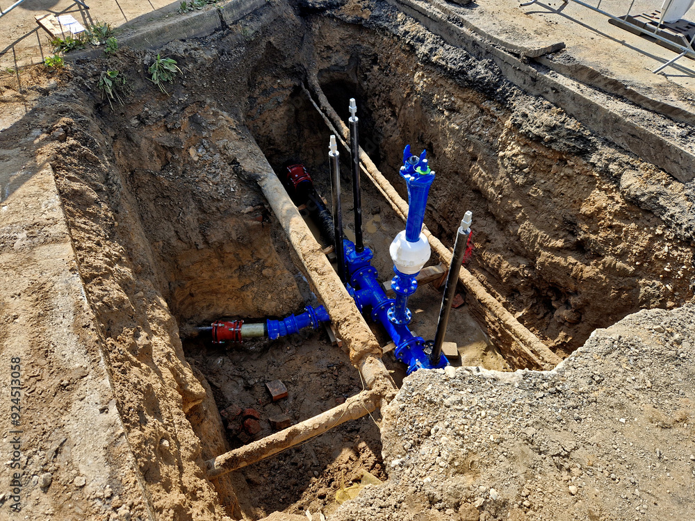 pipe repair for a crash. connection of new pipes by plumbers and water ...