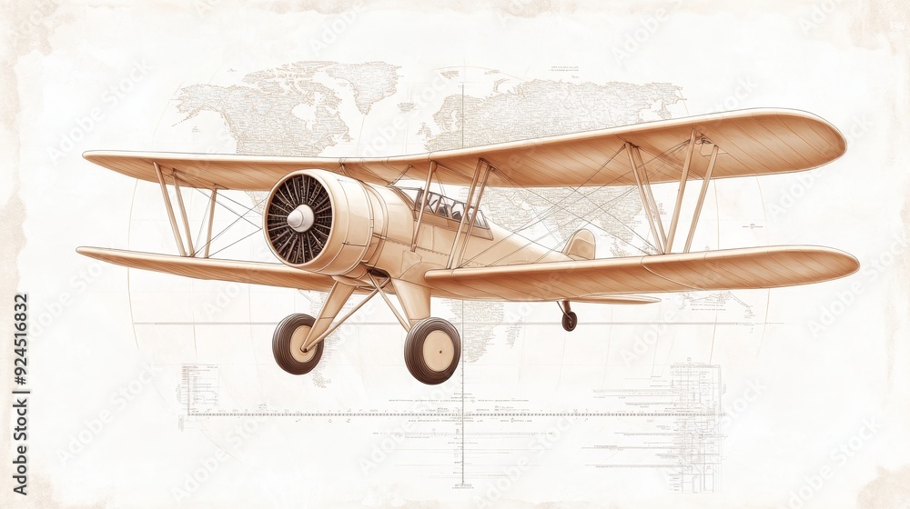 Early 20th-century plane, antique globe map, detailed aeronautical ...