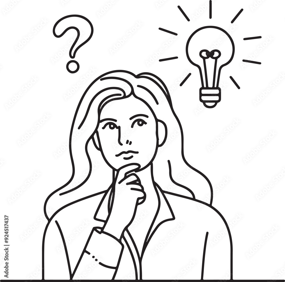 Vetor de Adobe Illustrator Minimalist Line Art Woman Thinking with Idea ...