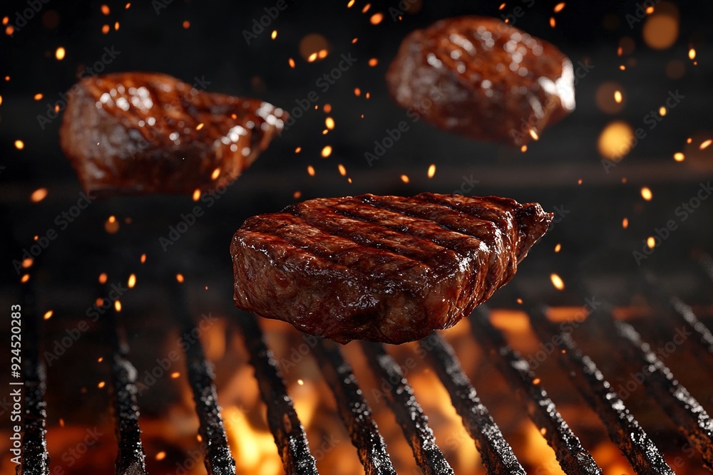 Grill Beef steaks, realistic 3d brisket flying in the air, grilled meat ...