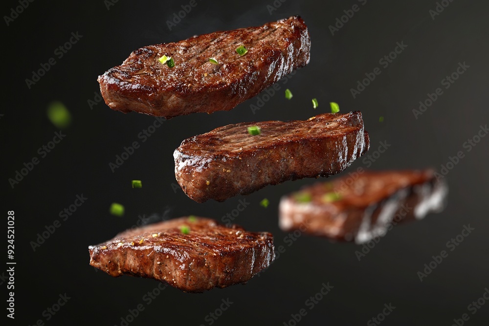 Grill Beef steaks, realistic 3d brisket flying in the air, grilled meat ...