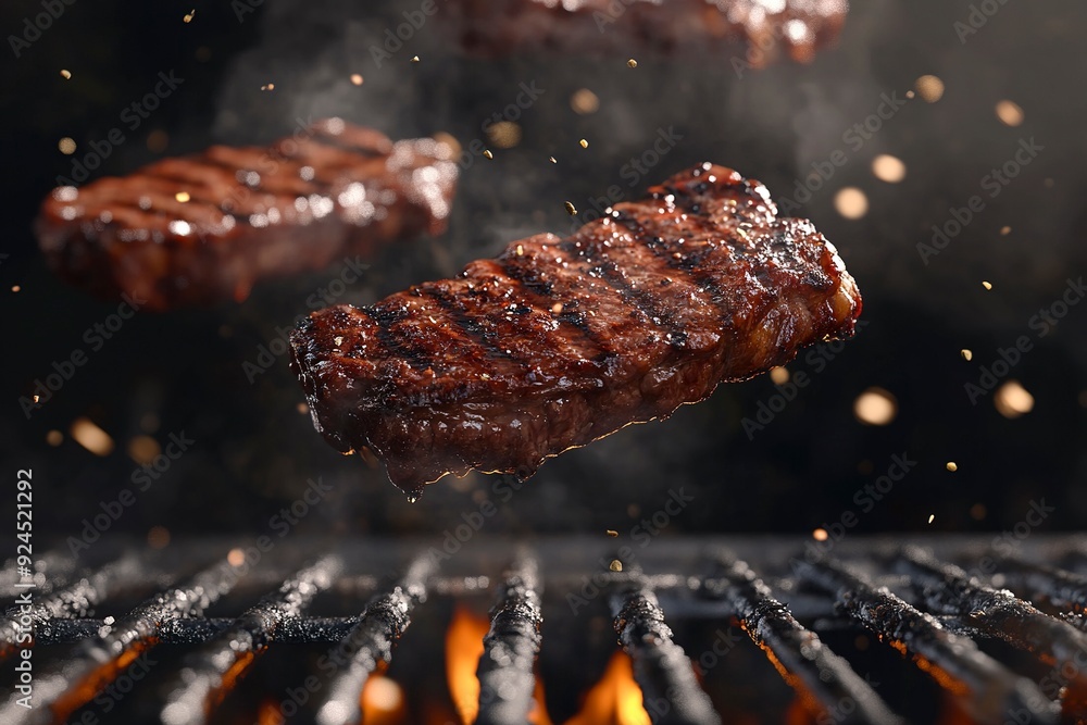 Grill Beef steaks, realistic 3d brisket flying in the air, grilled meat ...