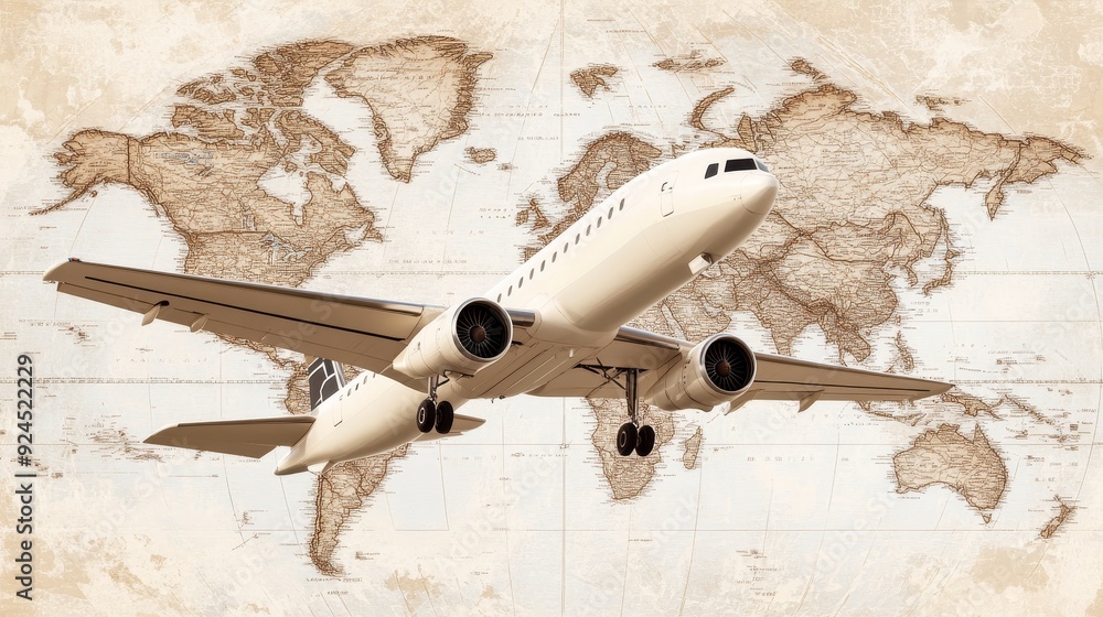 Vintage airplane, sepia-toned map background, detailed old aircraft ...