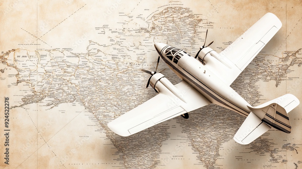 Vintage airplane, sepia-toned map background, detailed old aircraft ...