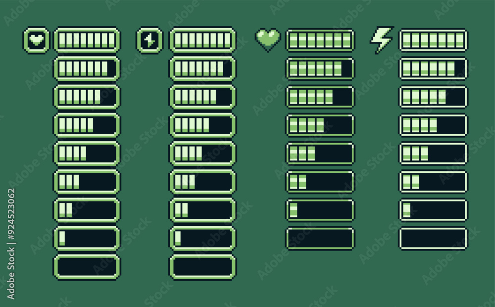 Vetor de Life bar pixel art, health, stamina, power, energy, mana level ...