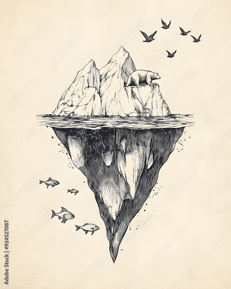 single line minimalist drawing of an iceberg, we see the tip of the ...