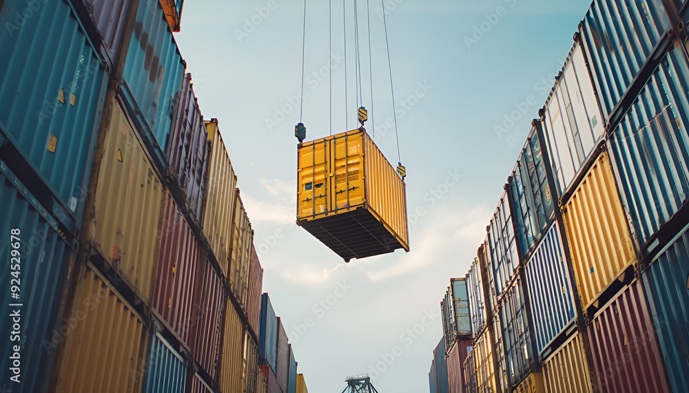 yellow shipping container being lifted by a crane at a busy port Stock ...