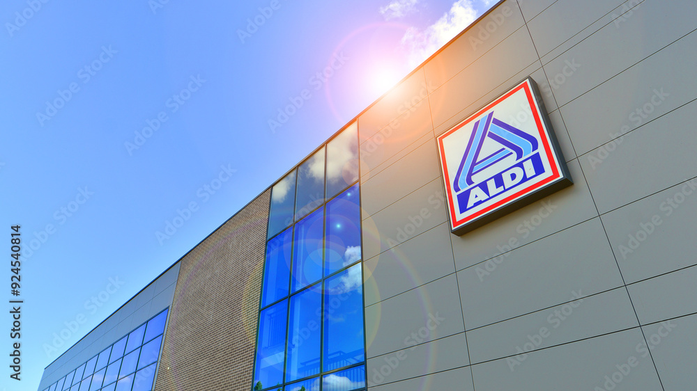 Warsaw, Poland. 7 August 2024. Aldi Discount Supermarket. A modern building housing an Aldi ...