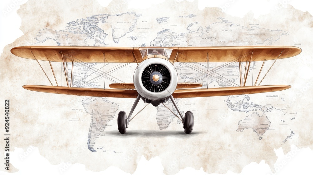 Old-timey aircraft, parchment map background, precise technical ...