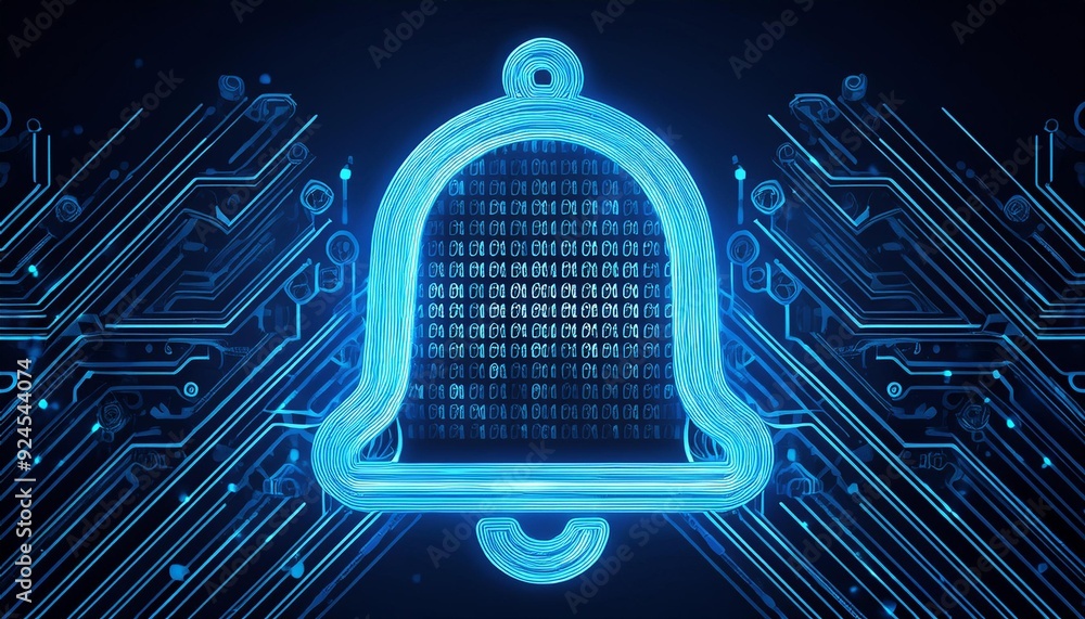 digital blue bell icon with binary code element, ai in notification ...