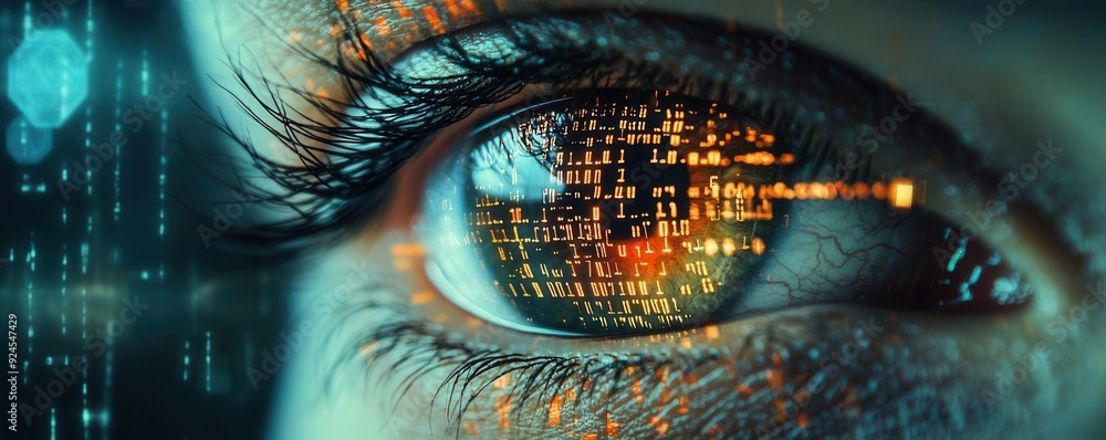 Eye with a digital overlay of numbers and symbols, biometric encryption ...