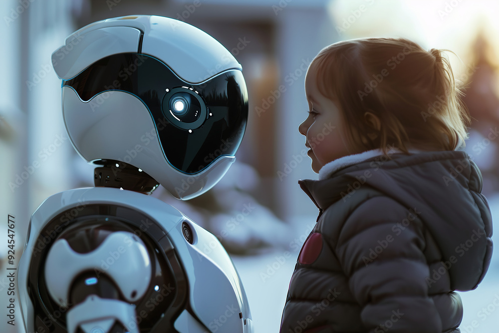 Child in a winter jacket and a futuristic robotic nanny outdoors. This ...