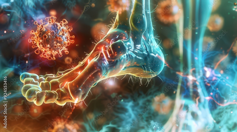Artistic depiction of gout, showing uric acid crystals in joints and ...