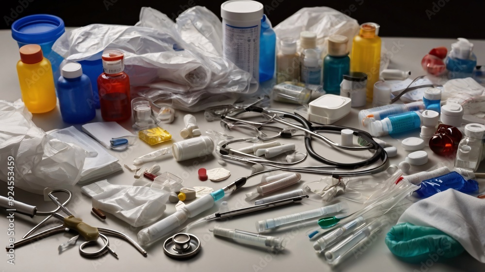 A cluttered hospital table with scattered medicines, syringes, pill ...