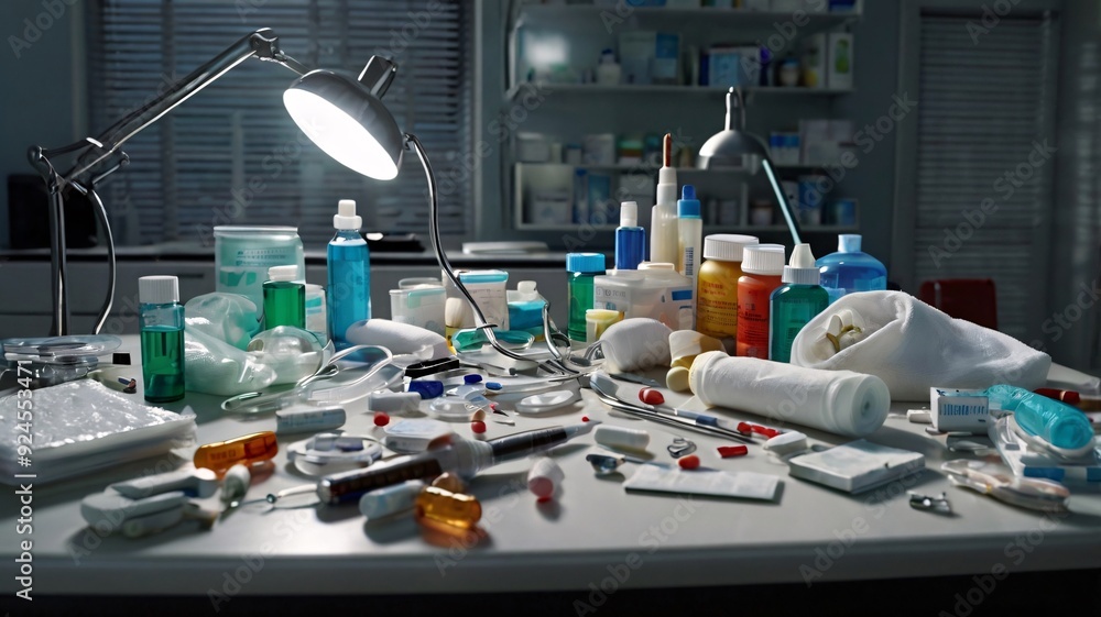 A cluttered hospital table with scattered medicines, syringes, pill ...