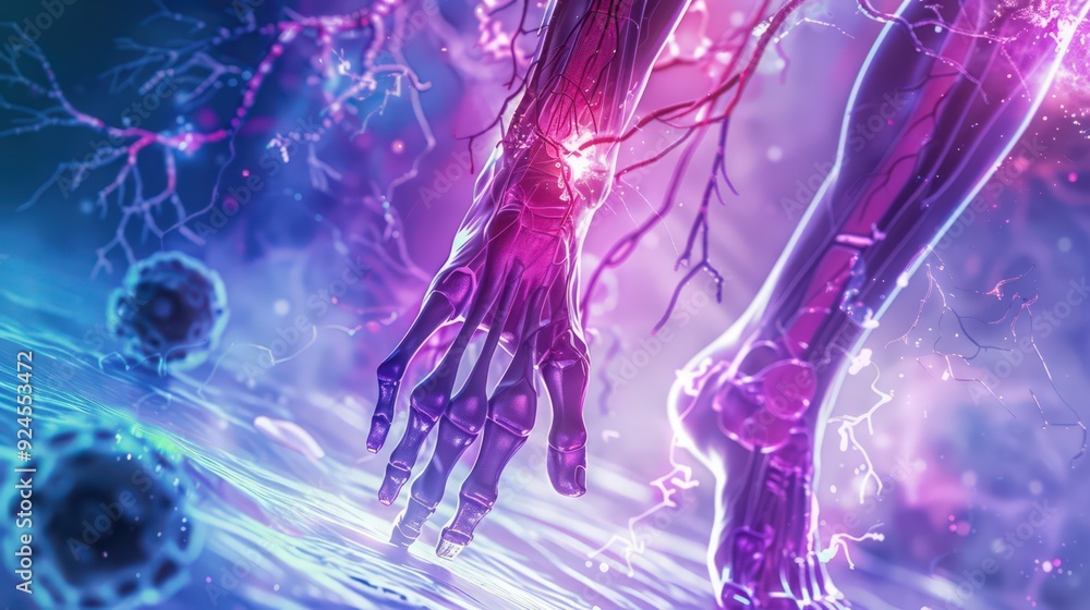 Artistic depiction of gout, showing uric acid crystals in joints and ...
