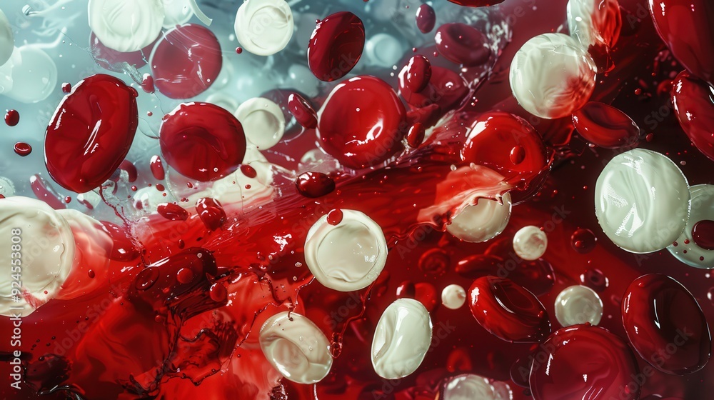 Artistic depiction of the blood, illustrating red and white blood cells ...